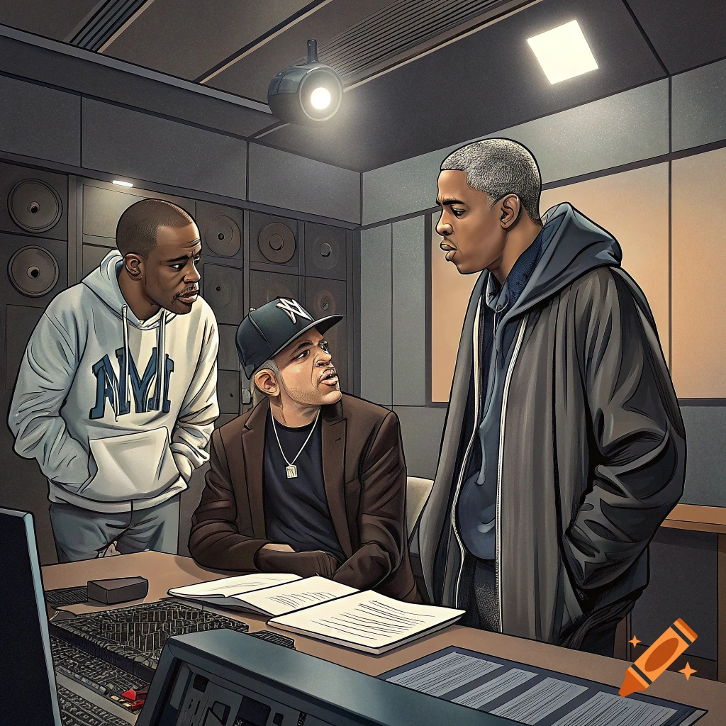 Illustration of three men in a music studio, two standing, one seated ...