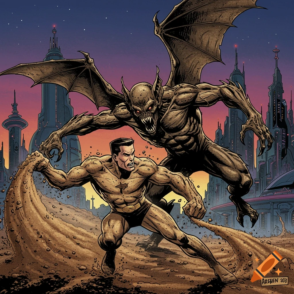 Comic art illustration of a man fighting a winged monster in a ...