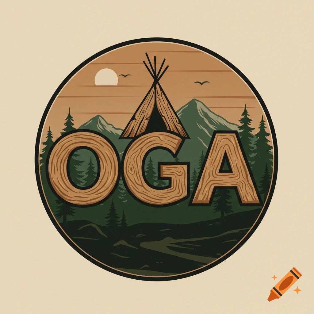 A round logo featuring wood-textured letters OGA over a stylized ...