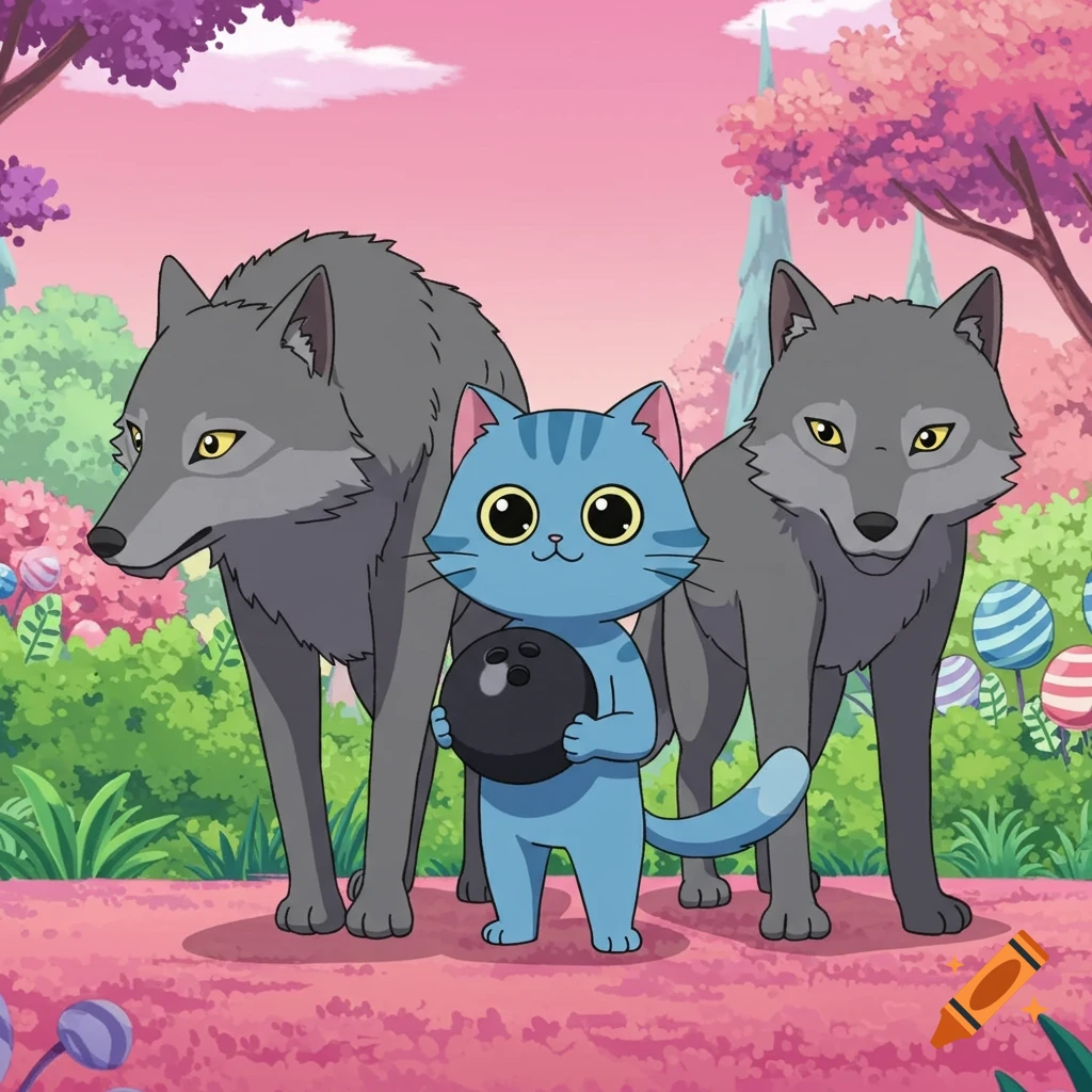 Anime cat holding a bowling ball stands between two wolves in a fantasy ...