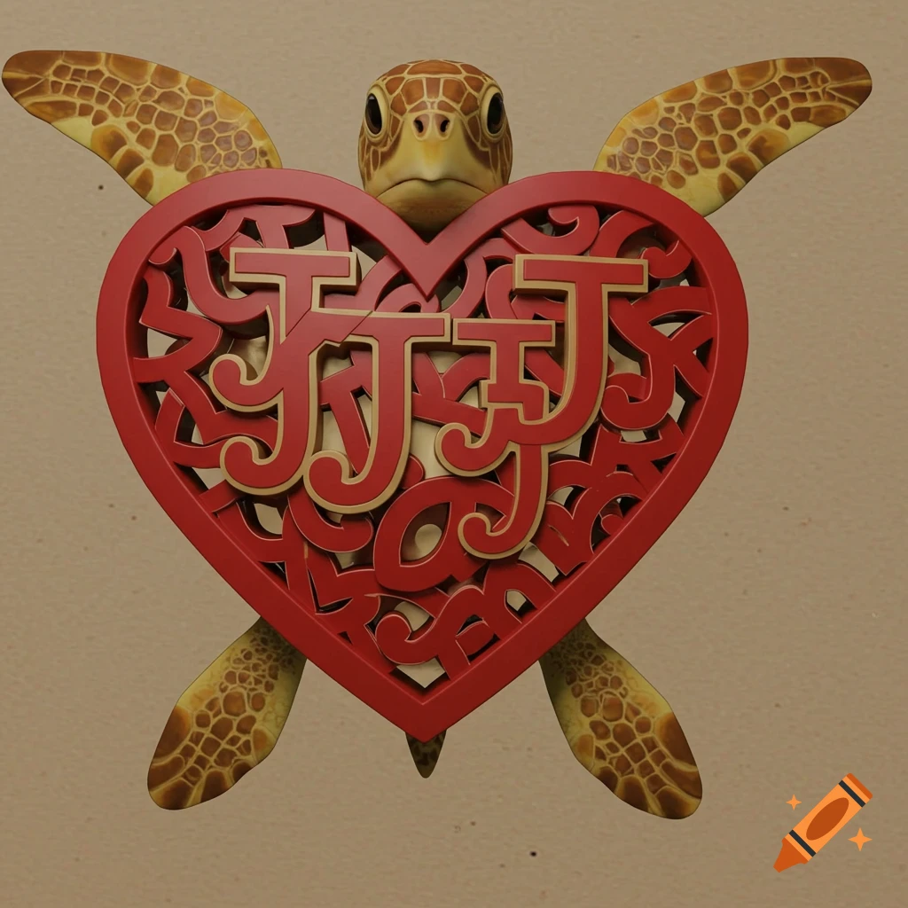 3D sea turtle with interwoven heart featuring letters J, J, J on Craiyon