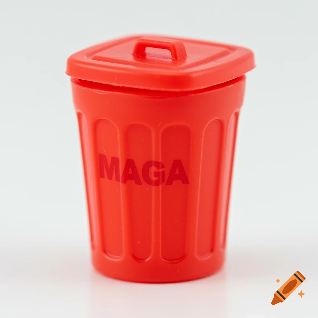 A red plastic trash can with 'MAGA' printed on its side. on Craiyon