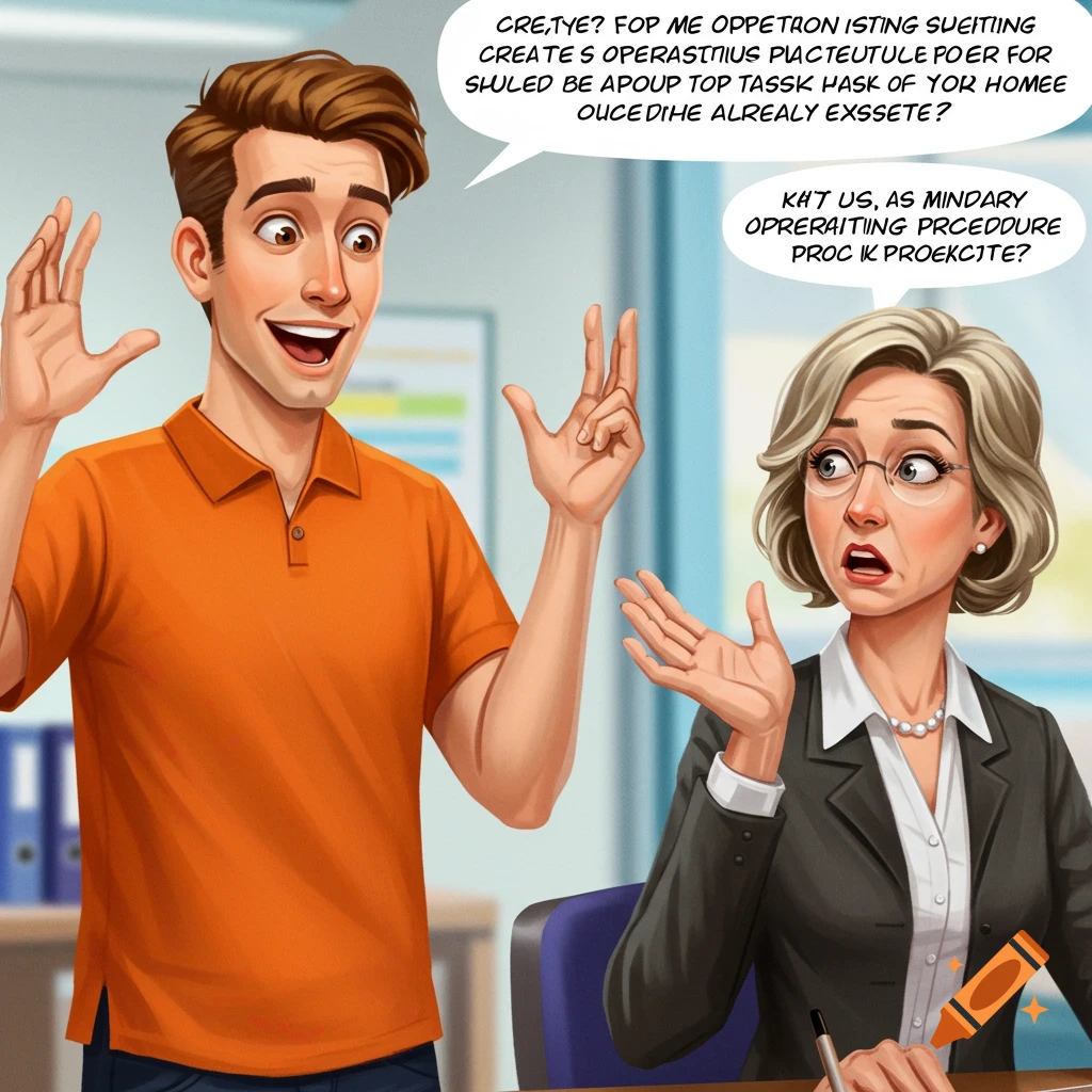 Funny cartoon of confused manager, SOP suggestion on Craiyon