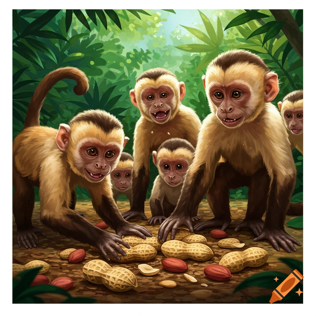 A group of cartoon monkeys gathering around a pile of peanuts in a ...