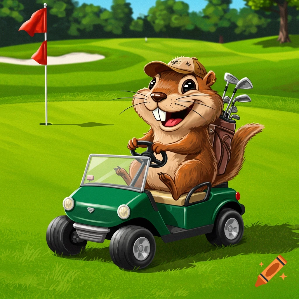 Cartoon squirrel driving a golf cart on a golf course with flags. on ...
