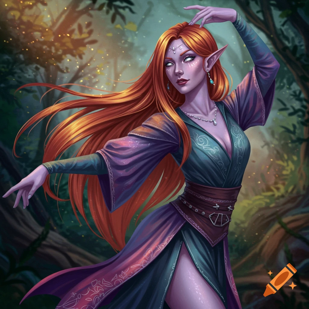 Half drow elf woman with copper hair and silver eyes in dancer's outfit ...