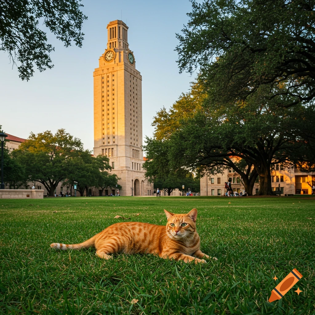 An orange cat lies in the grass in front of the UT Austin Clock Tower during sunset. on Craiyon