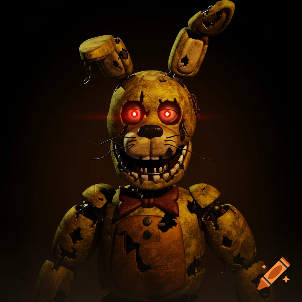Close-up of a realistic Freddy Fazbear with glowing eyes in the dark ...
