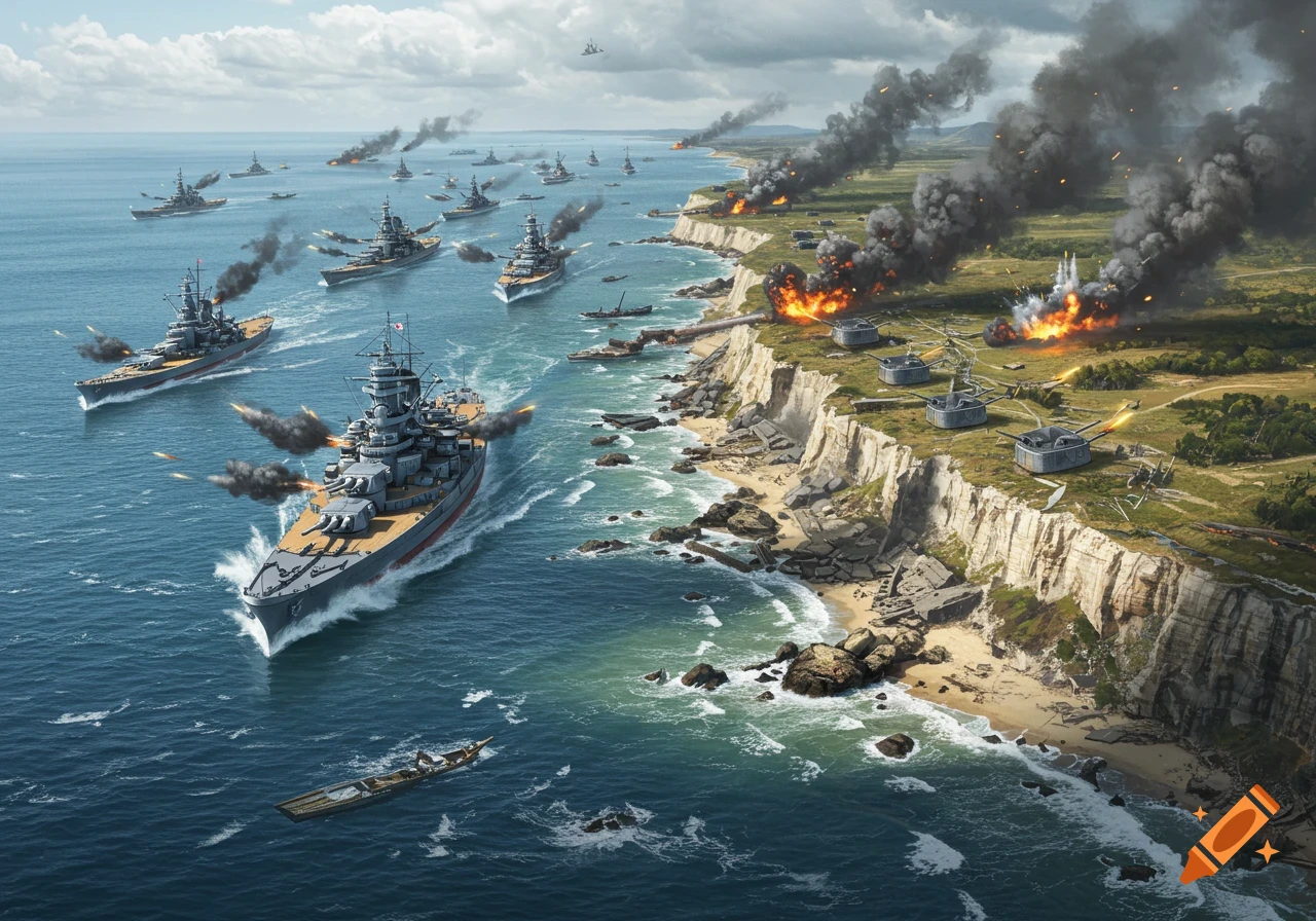 WW2 battleships firing on Cliffside beach defenses on Craiyon