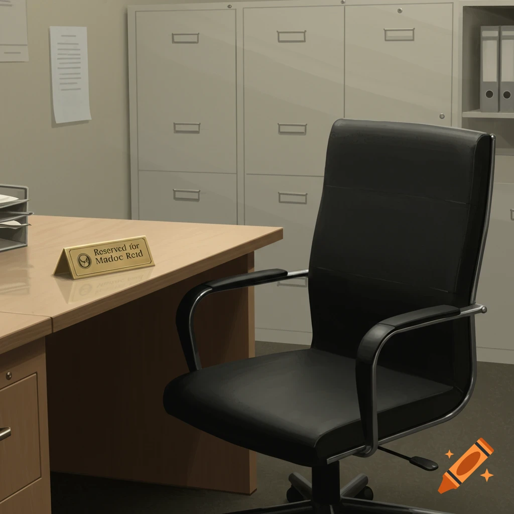 An empty office chair and desk with a nameplate reading 'Reserved for Madoc Reid'. on Craiyon