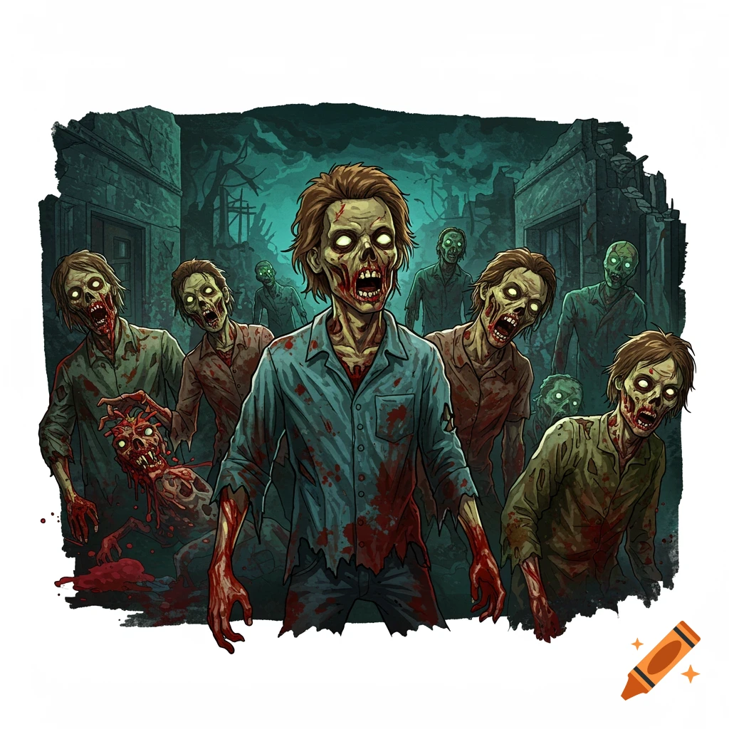Stylized illustration of a horde of bloody zombies in a ruined city ...
