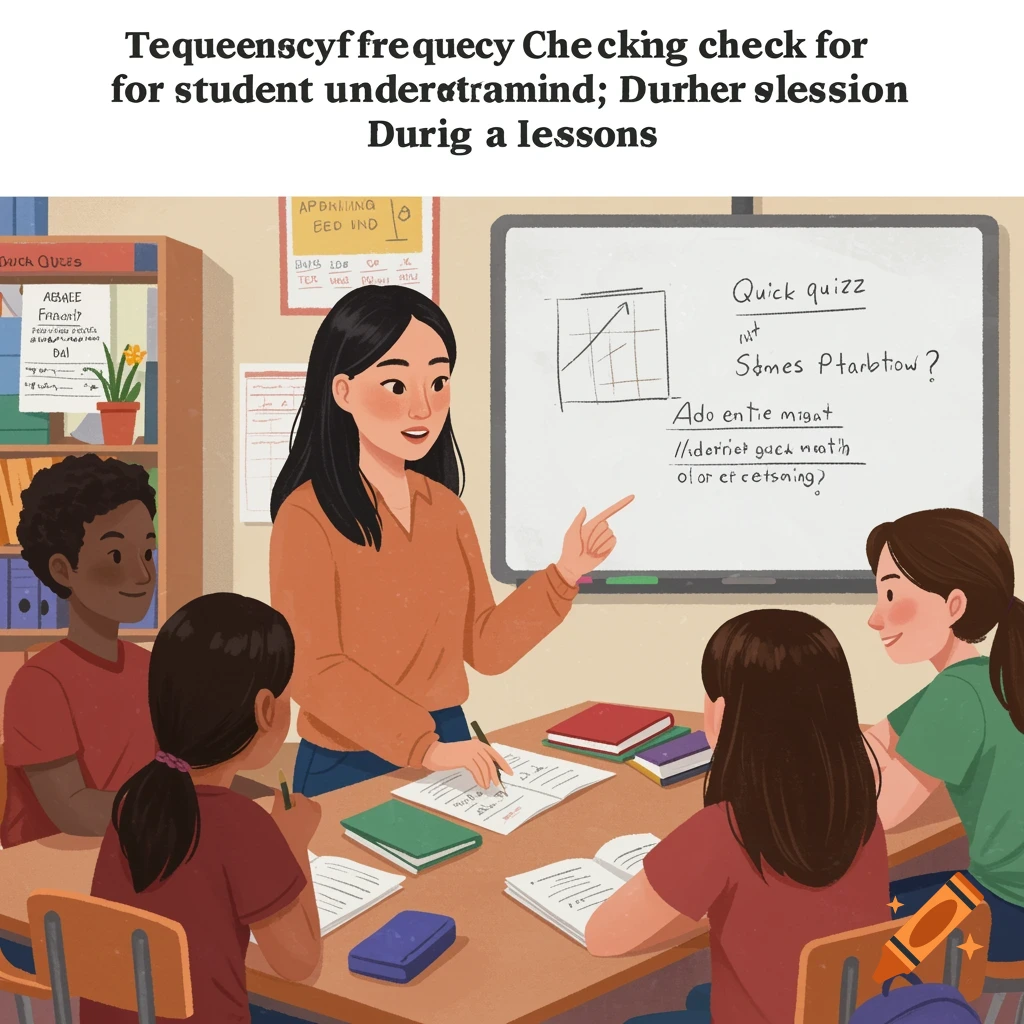 An illustration shows a teacher pointing at a whiteboard while four ...