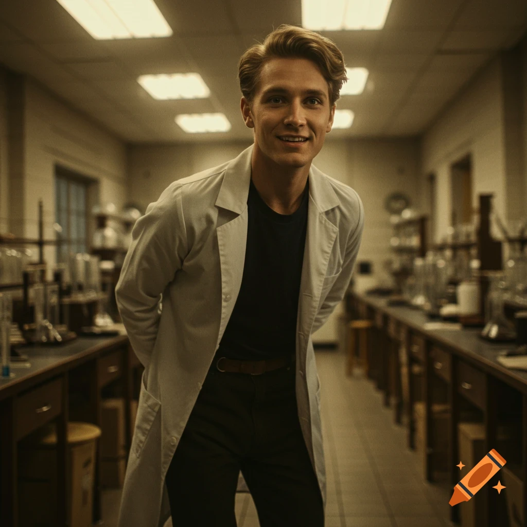 A man in a lab coat stands in a laboratory. on Craiyon