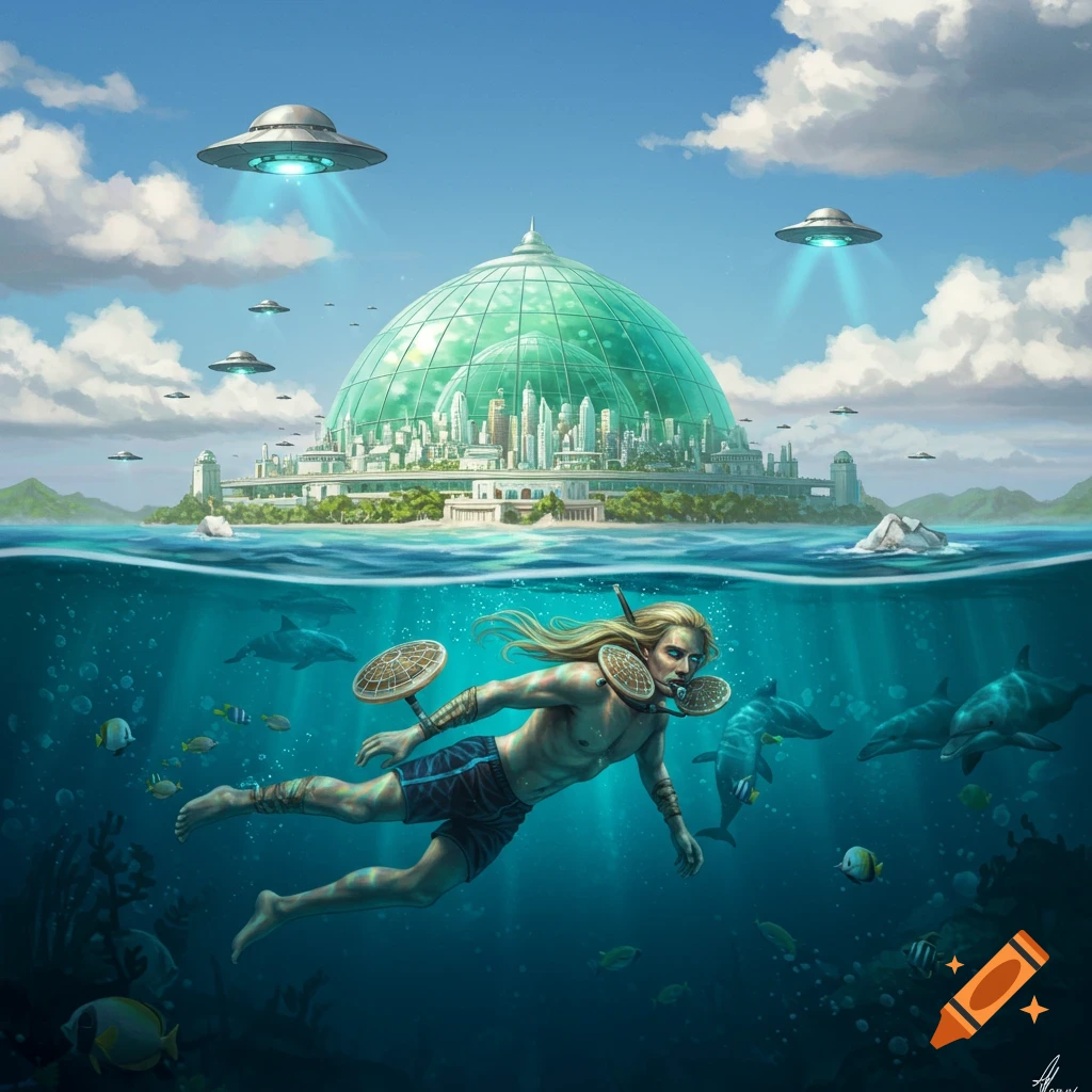 Man with webbed hands and feet floating underwater, UFOs and emerald ...