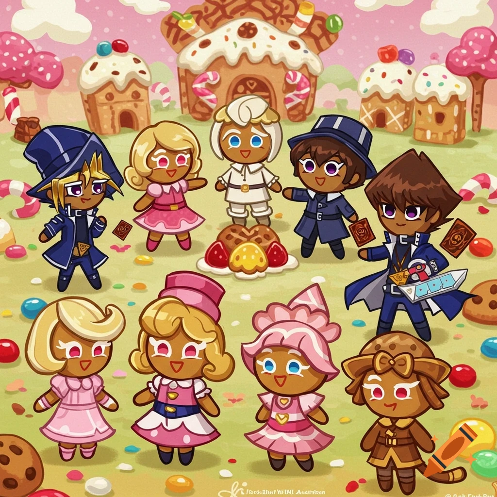Cartoon Yu-Gi-Oh characters in Cookie Run Kingdom art style stand in a candy land with ...