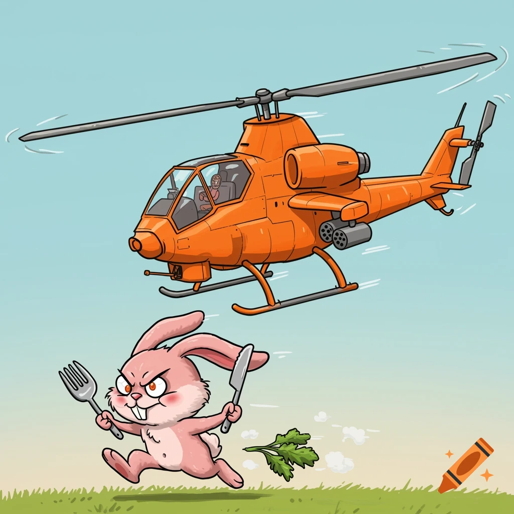 Cartoon rabbit chasing carrot piloting carrot helicopter on Craiyon