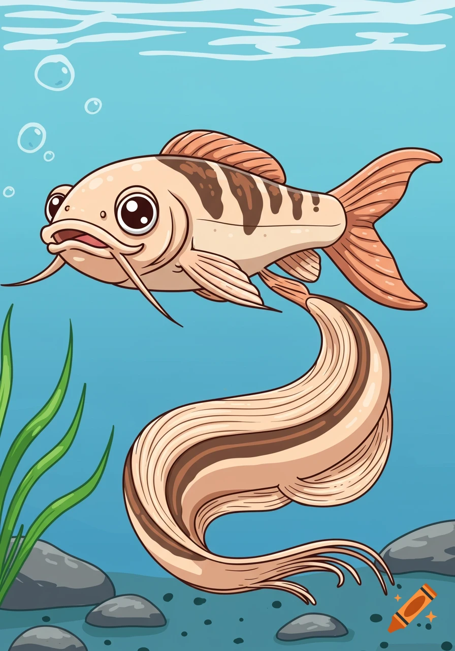 Cartoon striped fish with whiskers swims underwater near rocks and ...