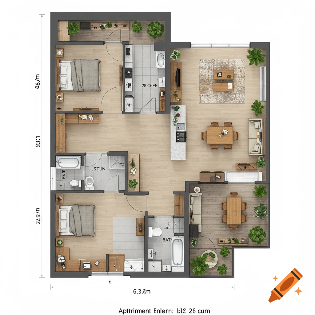 Apartment floor plan with three bedrooms, two bathrooms, and balcony on Craiyon
