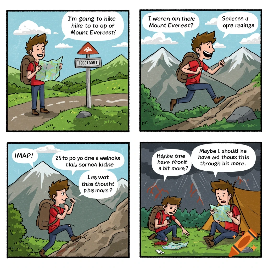 Comic illustrating the meaning of impetuous on Craiyon