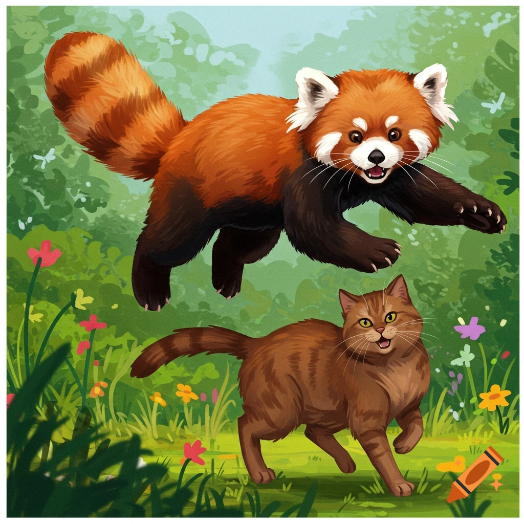 An illustration of a red panda and a brown cat playing in a forest with ...