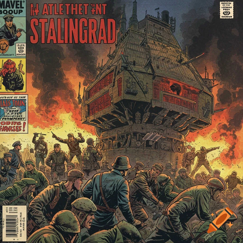 Comic book cover showing soldiers fighting near a large building in a ...