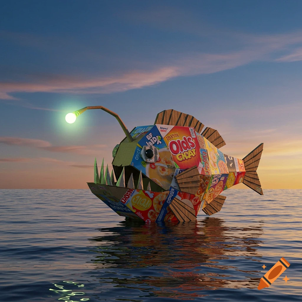Cardboard angler fish made of cereal boxes in the ocean on Craiyon