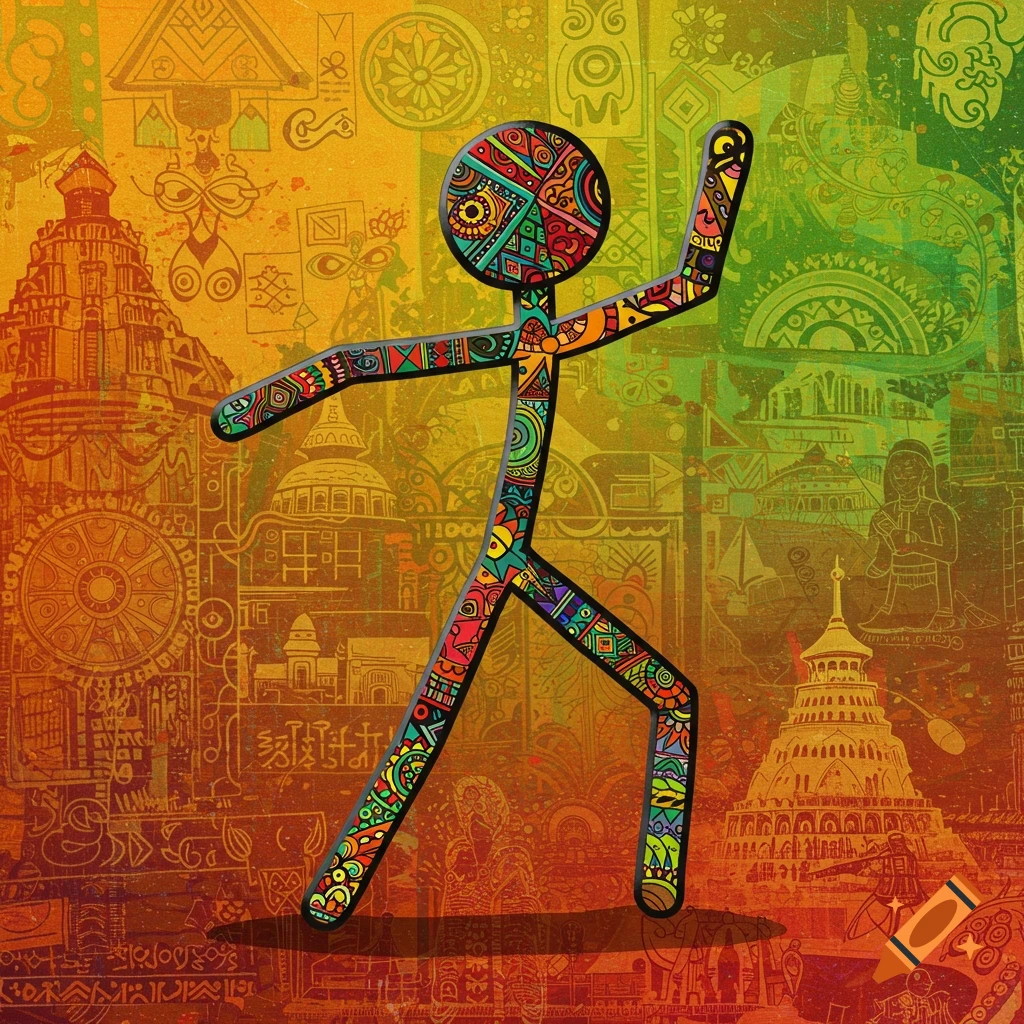 A colorful, patterned stick figure stands against a background of ...
