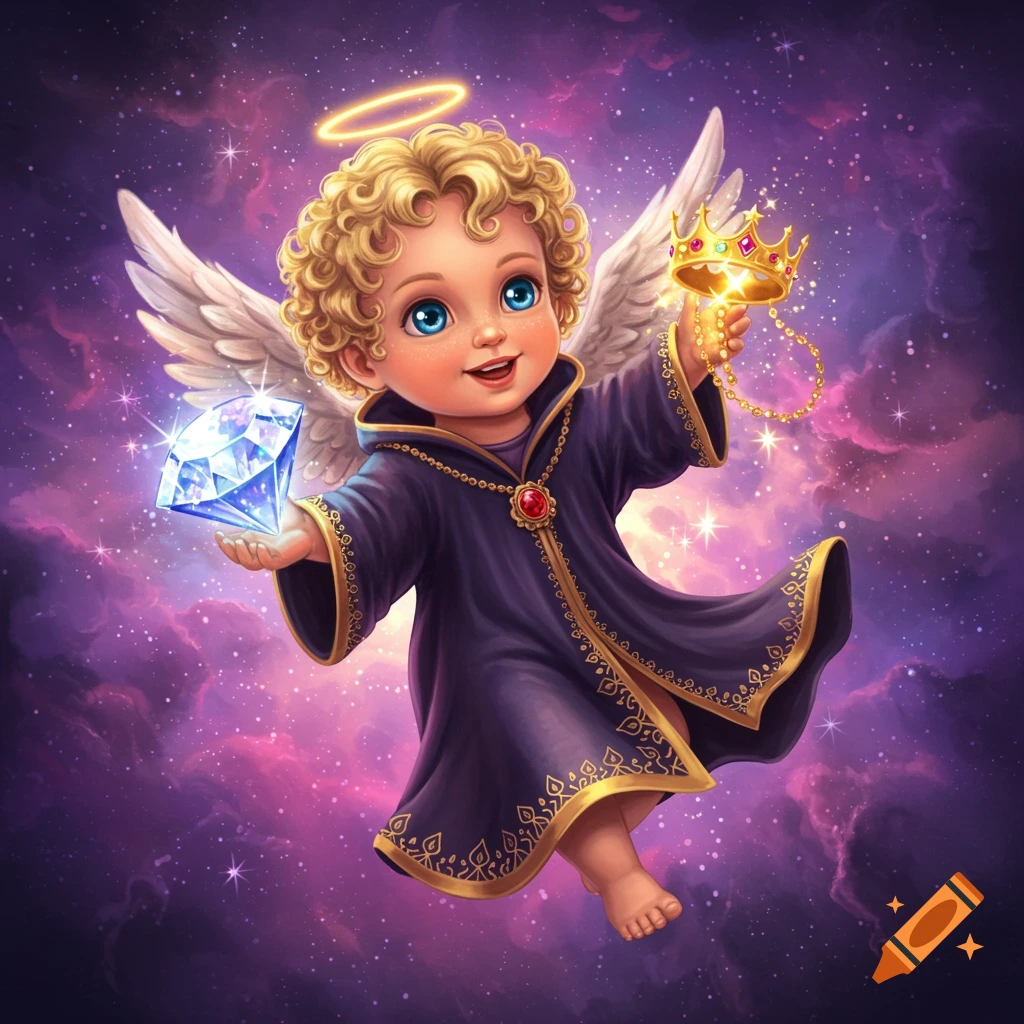 Baby angel with diamond and crown, wearing wizard robe on Craiyon