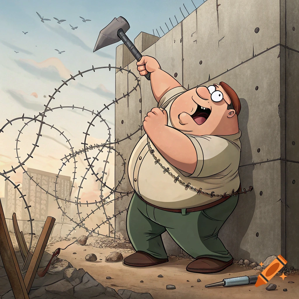 Cartoon character Peter Griffin uses a hammer and his belly to break ...