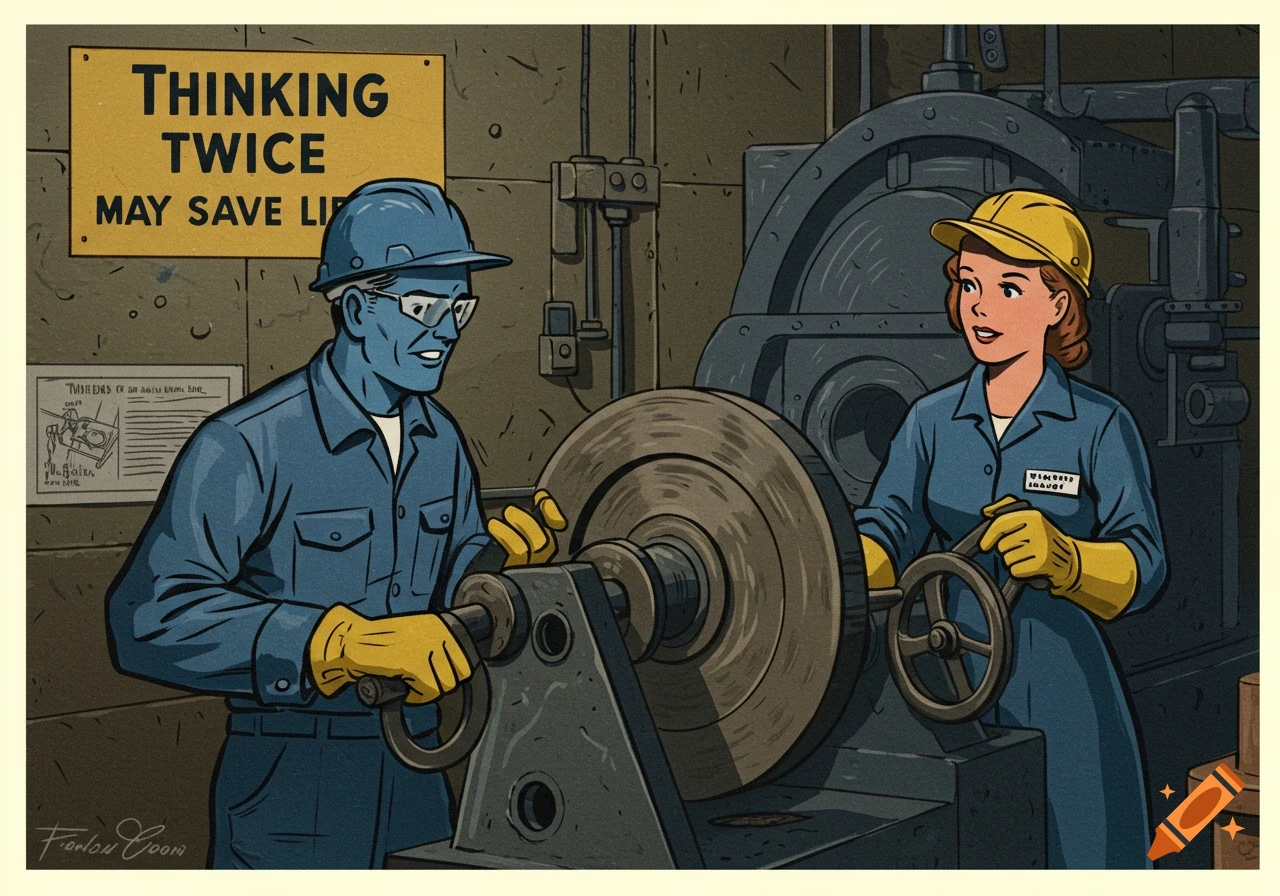 Vintage cartoon of a male and female worker operating a machine, with a ...