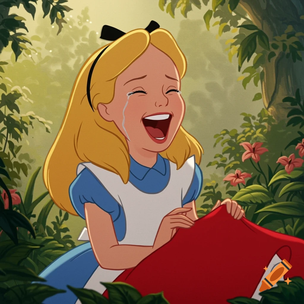 Alice from Disney's 1951 movie laughing and crying in a forest, holding ...