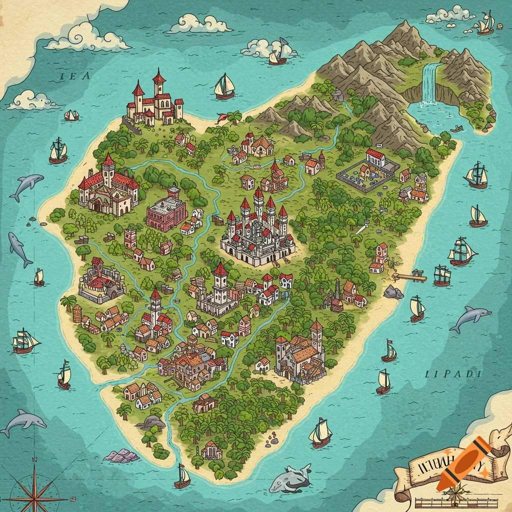 An illustrated map of a tropical island featuring a town, docks, boats, mountains, and a ...