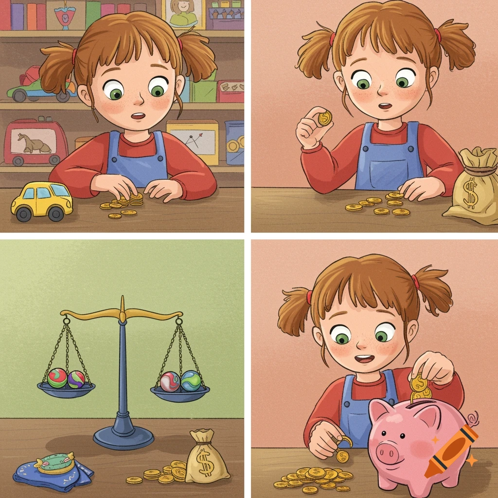 Penny buying a toy, weighing items, and saving coins illustrating ...