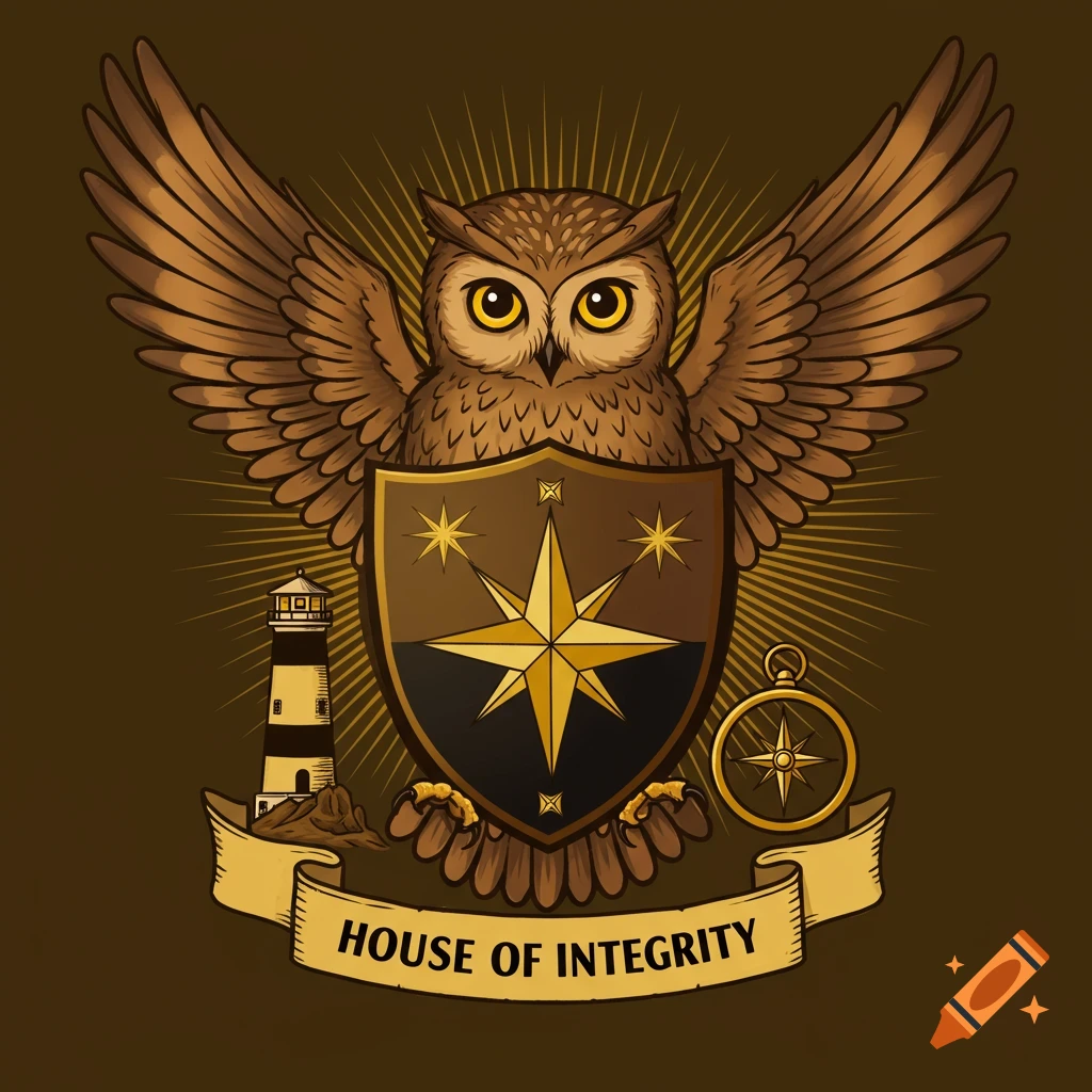 A stylized medieval crest with winged creatures holding a shield ...