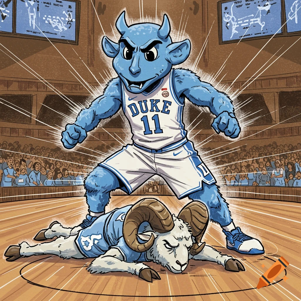 Duke Blue Devil mascot triumphing over UNC Ram, hand-drawn style on Craiyon