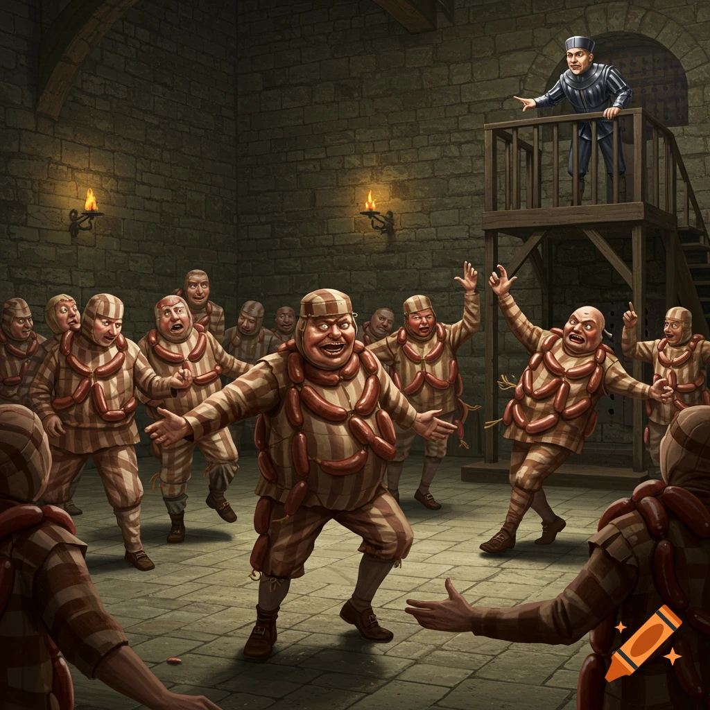 People in sausage-covered prison outfits dance in a cell block under ...