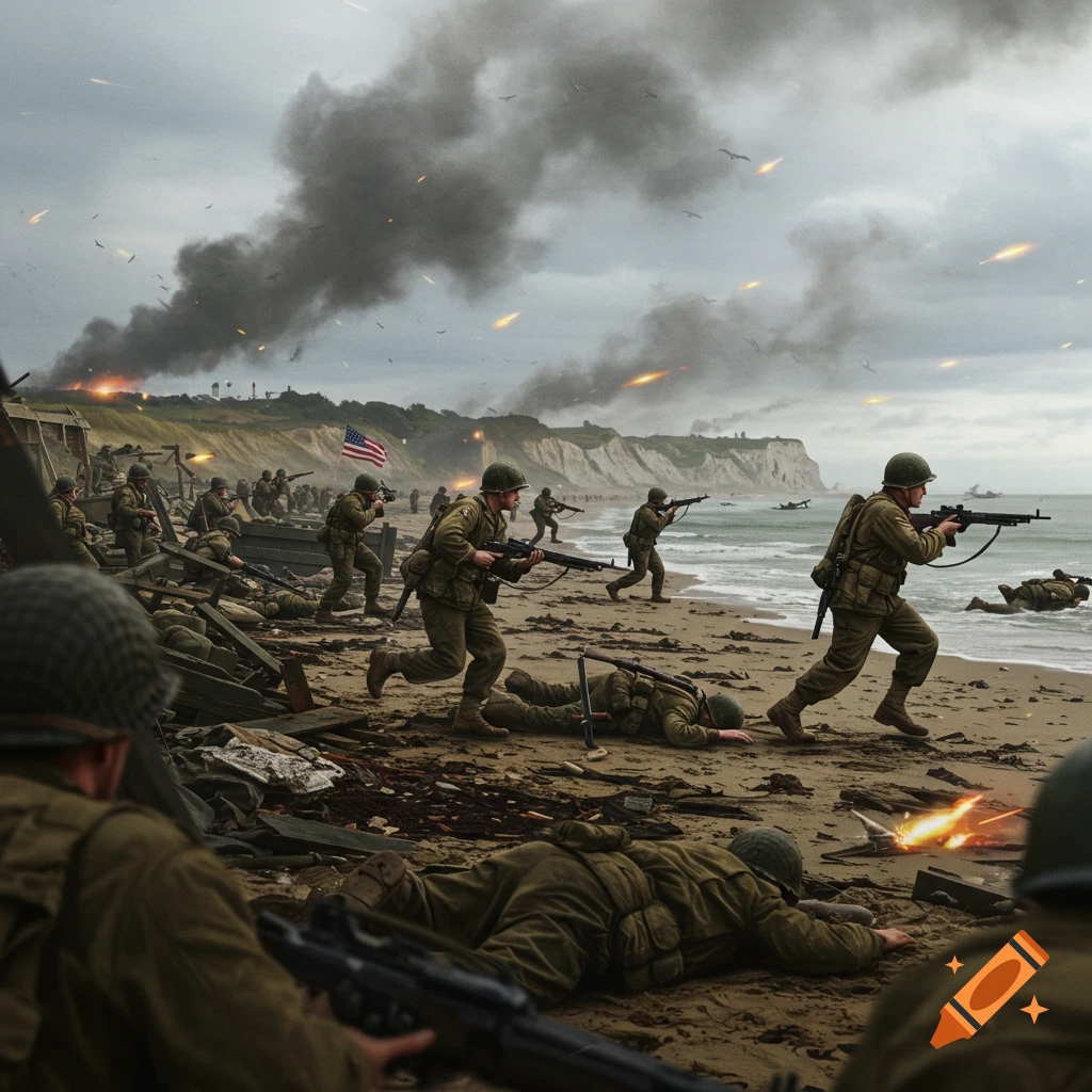 Digital art showing soldiers storming a sandy beach under heavy smoke ...