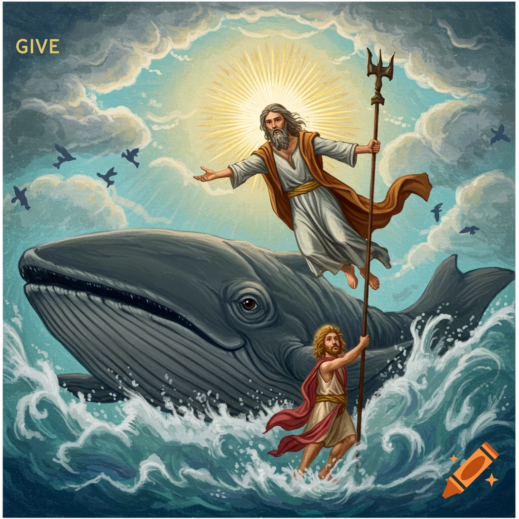 An illustration depicting a figure floating above a whale with a ...