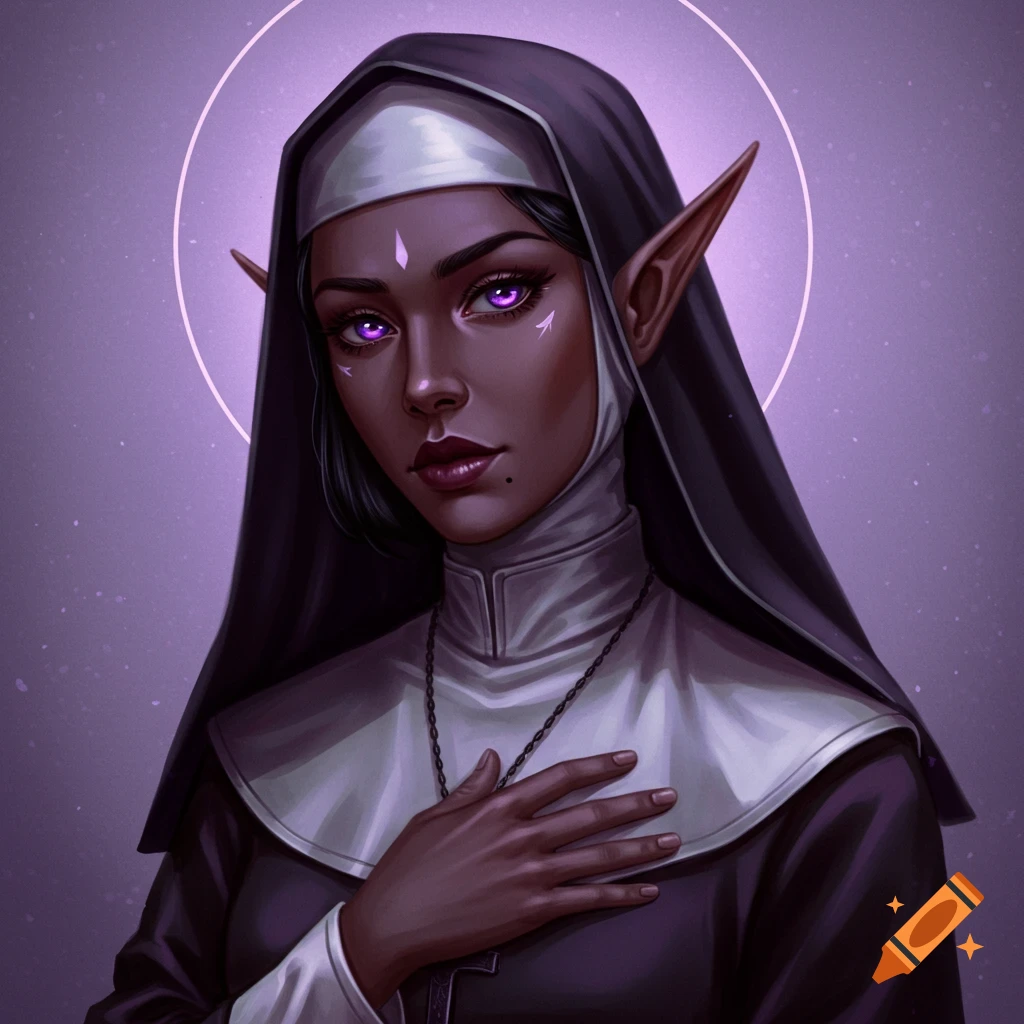 Portrait of a dark-skinned female elf nun with purple eyes and glowing ...