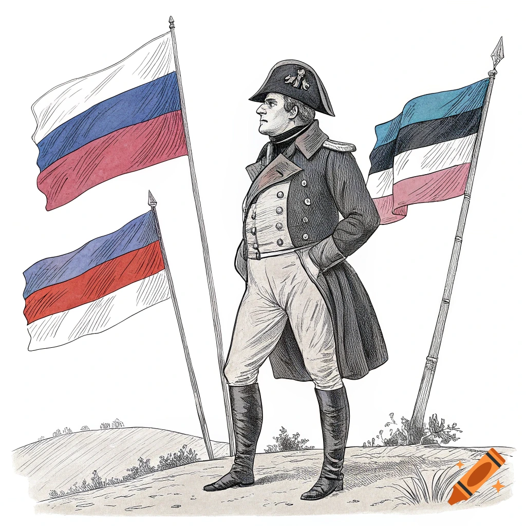 Drawing of Napoleon Bonaparte standing with flags on Craiyon