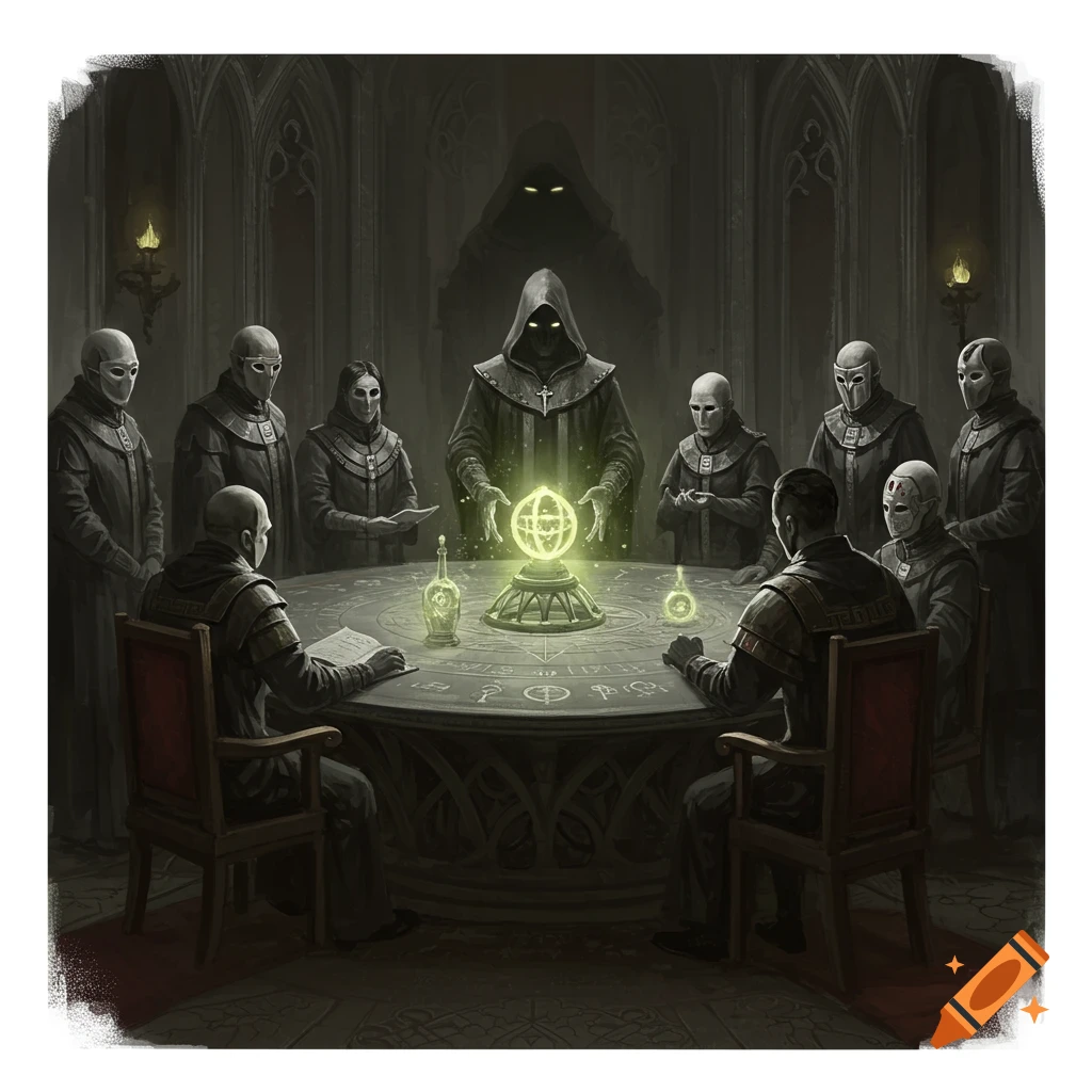 Robed figures in masks gather around a glowing orb at a table in a dark ...