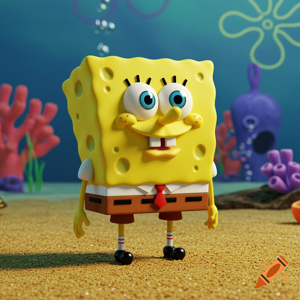A realistic 3D render of Spongebob Squarepants standing on the sandy ...