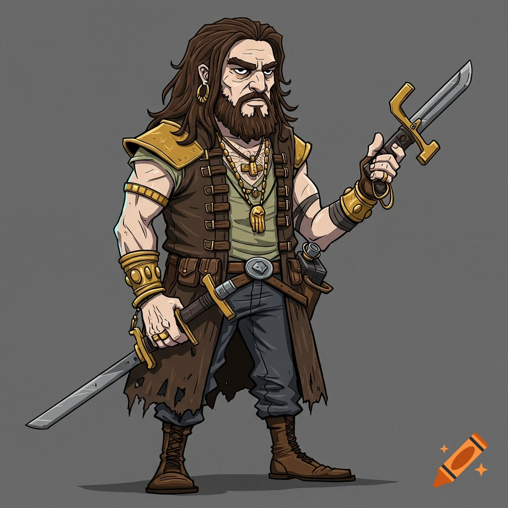 Cartoon character with long brown hair and beard in Mad Max/gangster ...