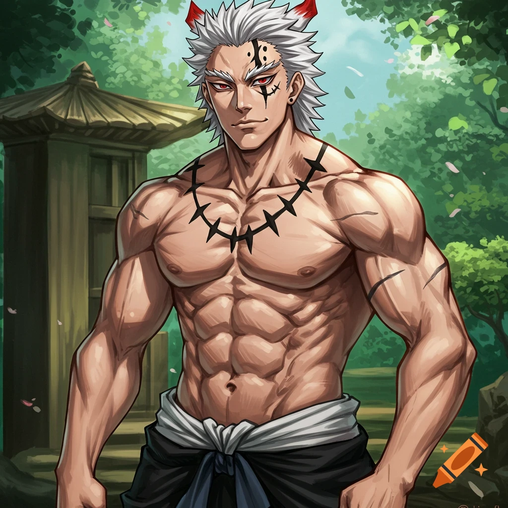 A muscular man with long red hair, golden eyes, and red tribal markings ...