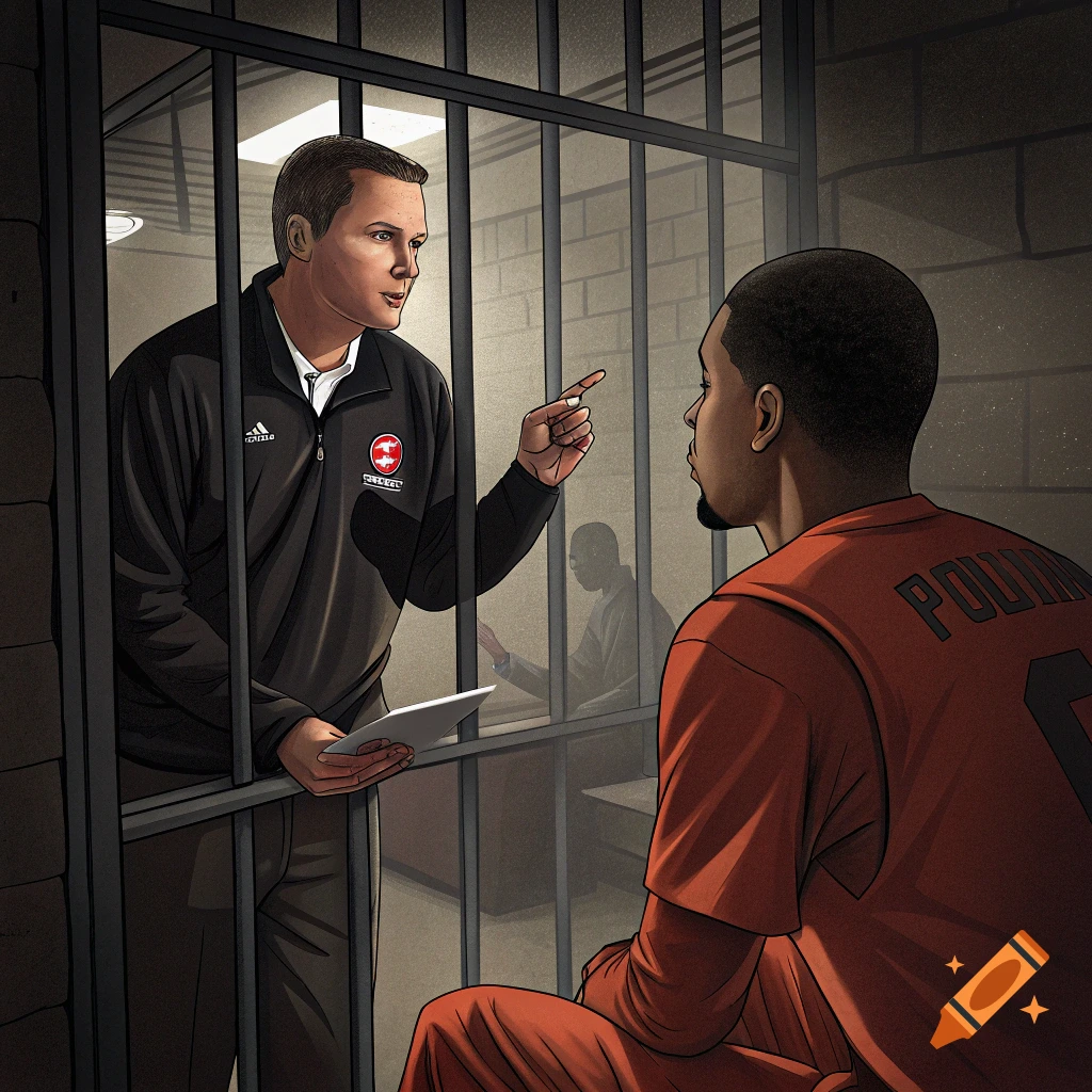 Illustration of a coach talking to a player through prison bars. on Craiyon