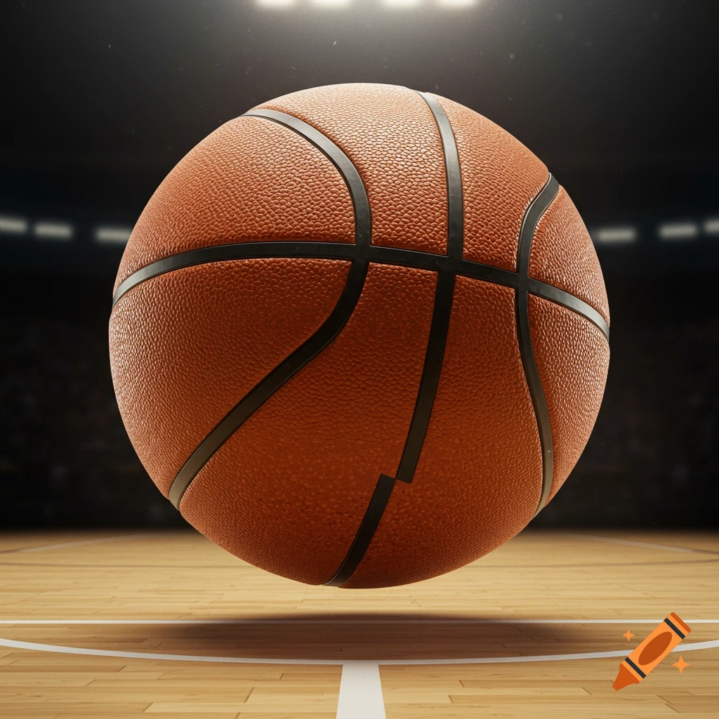 A basketball floats above a court lit by stadium lights. on Craiyon