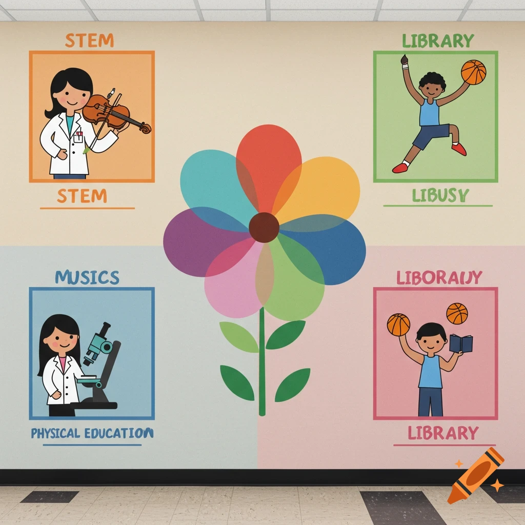 Mural for STEM, art, music, PE, and library on Craiyon
