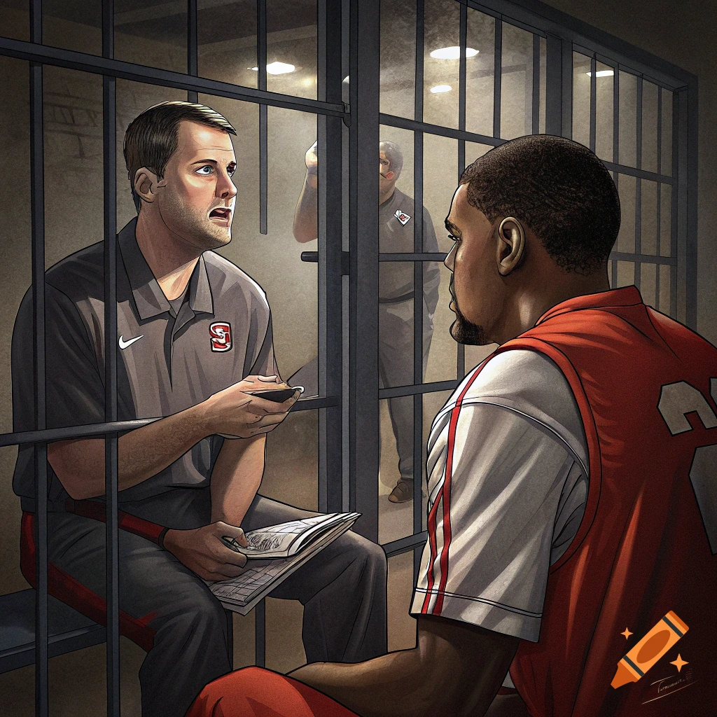 Illustration of a coach talking to a player through prison bars. on Craiyon