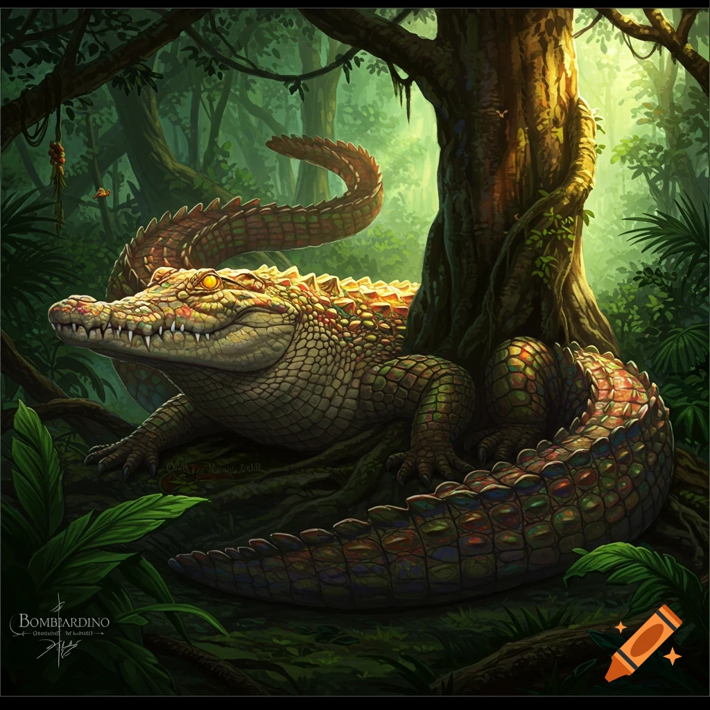 A large crocodile rests in a sunlit jungle clearing near a tree trunk ...