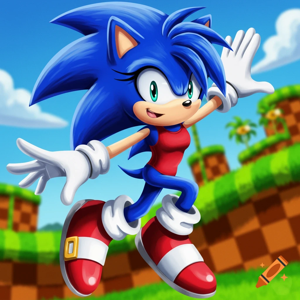 A female Sonic the Hedgehog runs through the Green Hill Zone. on Craiyon